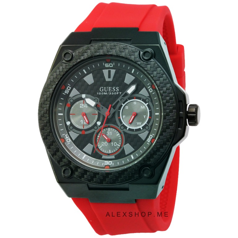 Guess Mens Legacy Red Rubber Strap Black Dial Watch W1049G6, Men's ...