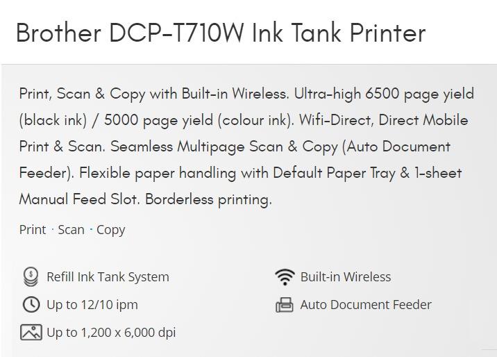 Brother DCP-T710W Ink Tank Printer, Computers & Tech, Printers, Scanners & Copiers on Carousell