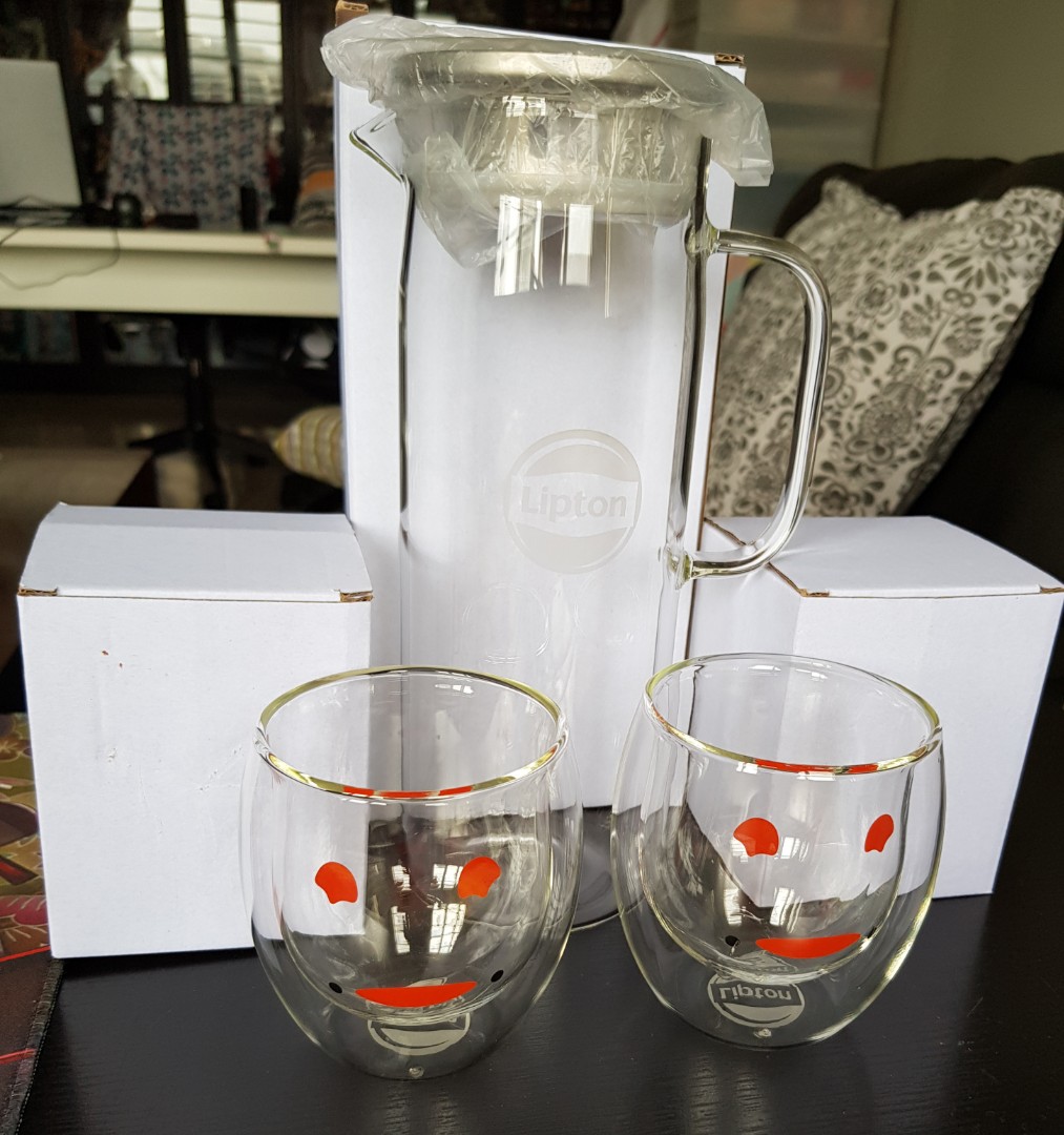 Lipton Glass Water Jar & 2 Double Wall Cups, Furniture & Home Living ...