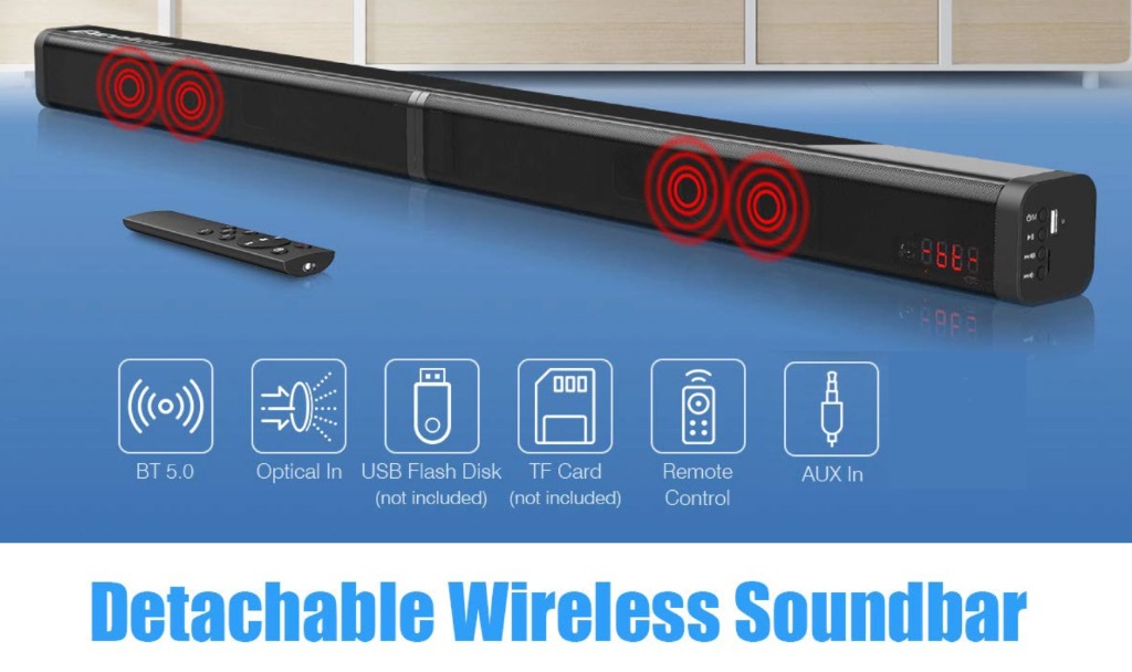 100W 2.1ch Detachable Soundbar with subwoofer, Wireless sound bar ...