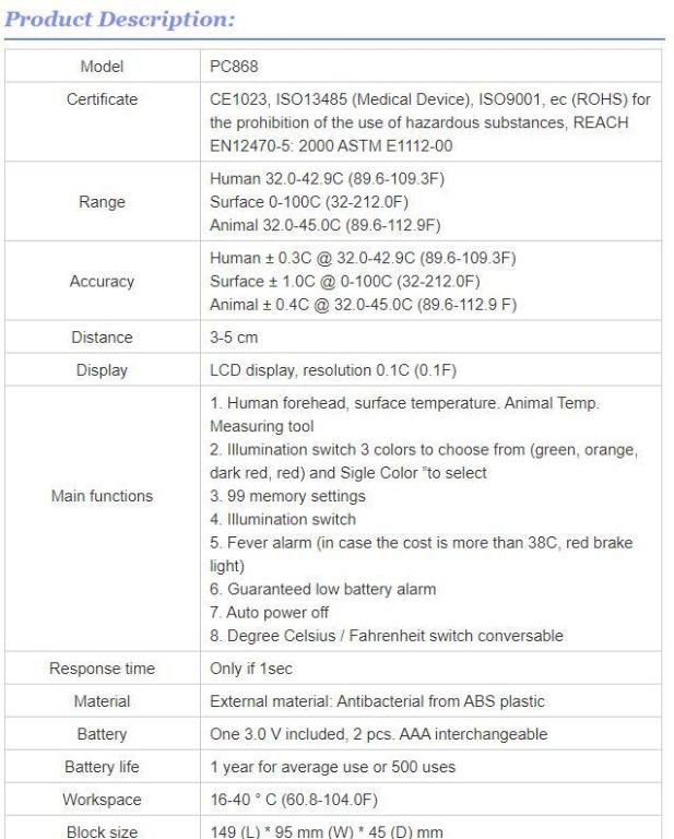 PC868 Non contact Infrared Thermometer Digital Forehead Thermometers ...