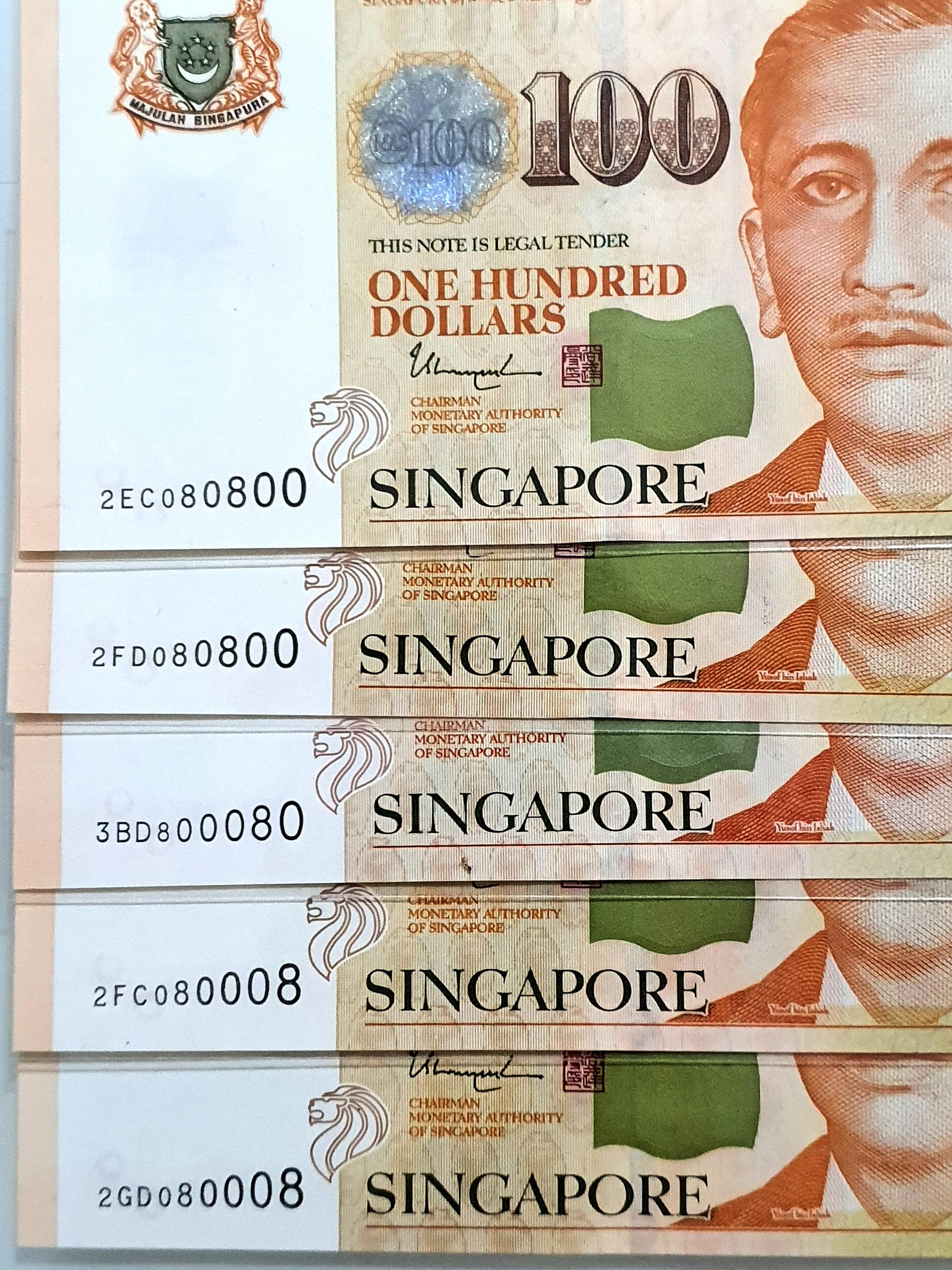 Total Of 05 oieces of Singapore $ 100 dollars fancy note, Malaya and ...