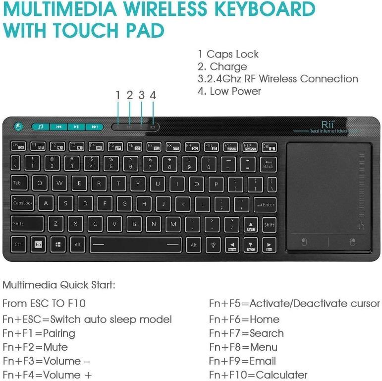 EL Rii K18 Plus Wireless 3-LED Color Backlit Multimedia Keyboard with ...