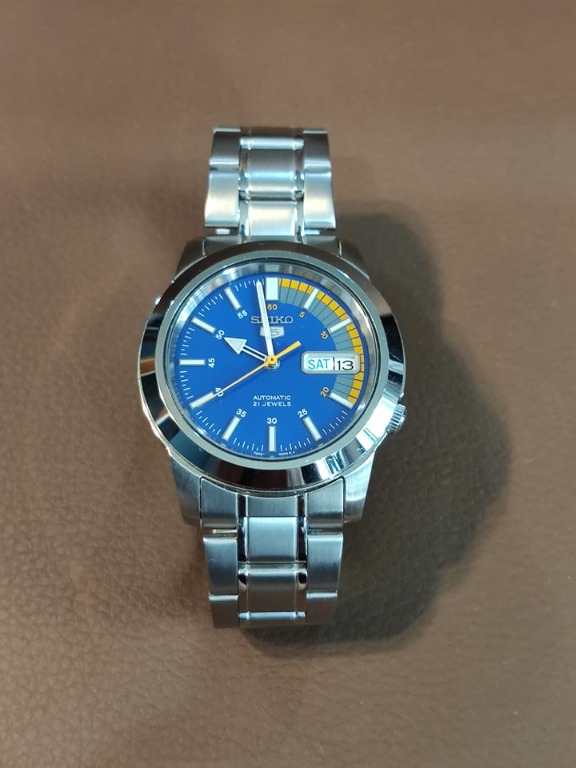 Seiko 5 Stainless Steel Blue Yellow Dial Automatic SNKK27 with Box, Men ...
