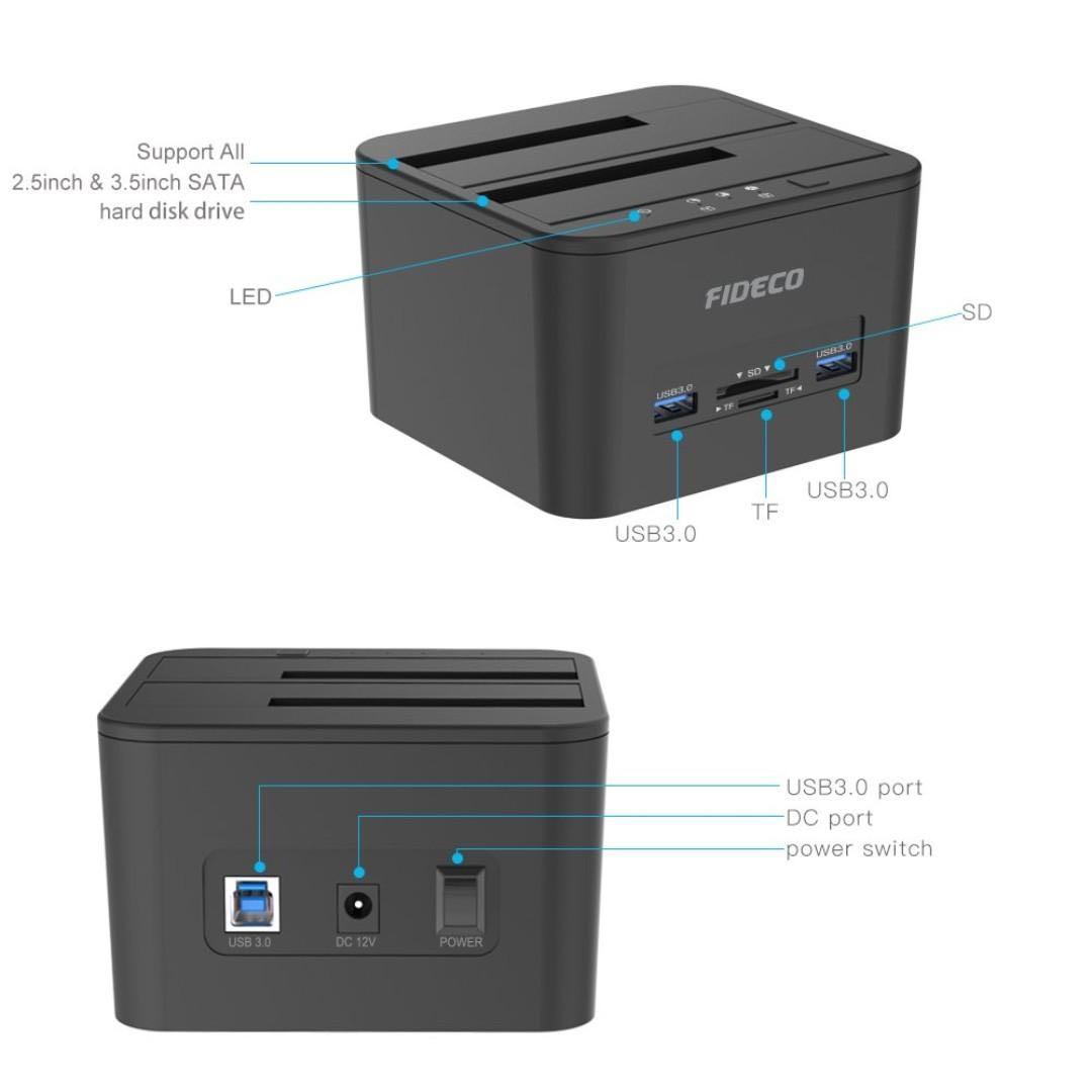 FIDECO USB 3.0 Dual Bay HDD Docking Station - 2.5"/3.5" SATA HDD & SSD (YPZ04-S2HC), Computers ...