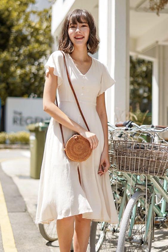 Lovet Carly Shell Button Linen Midi Dress in Sand, Women's Fashion ...