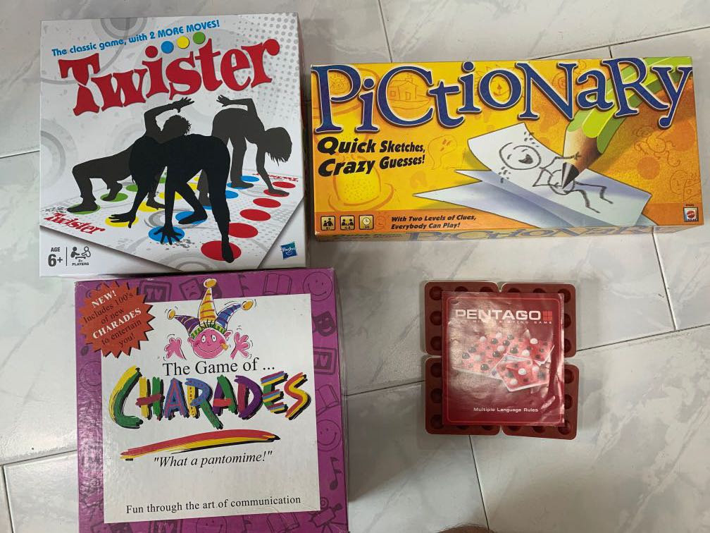 4 games, charades, Pictionary junior+adult cards, twister, Hobbies ...