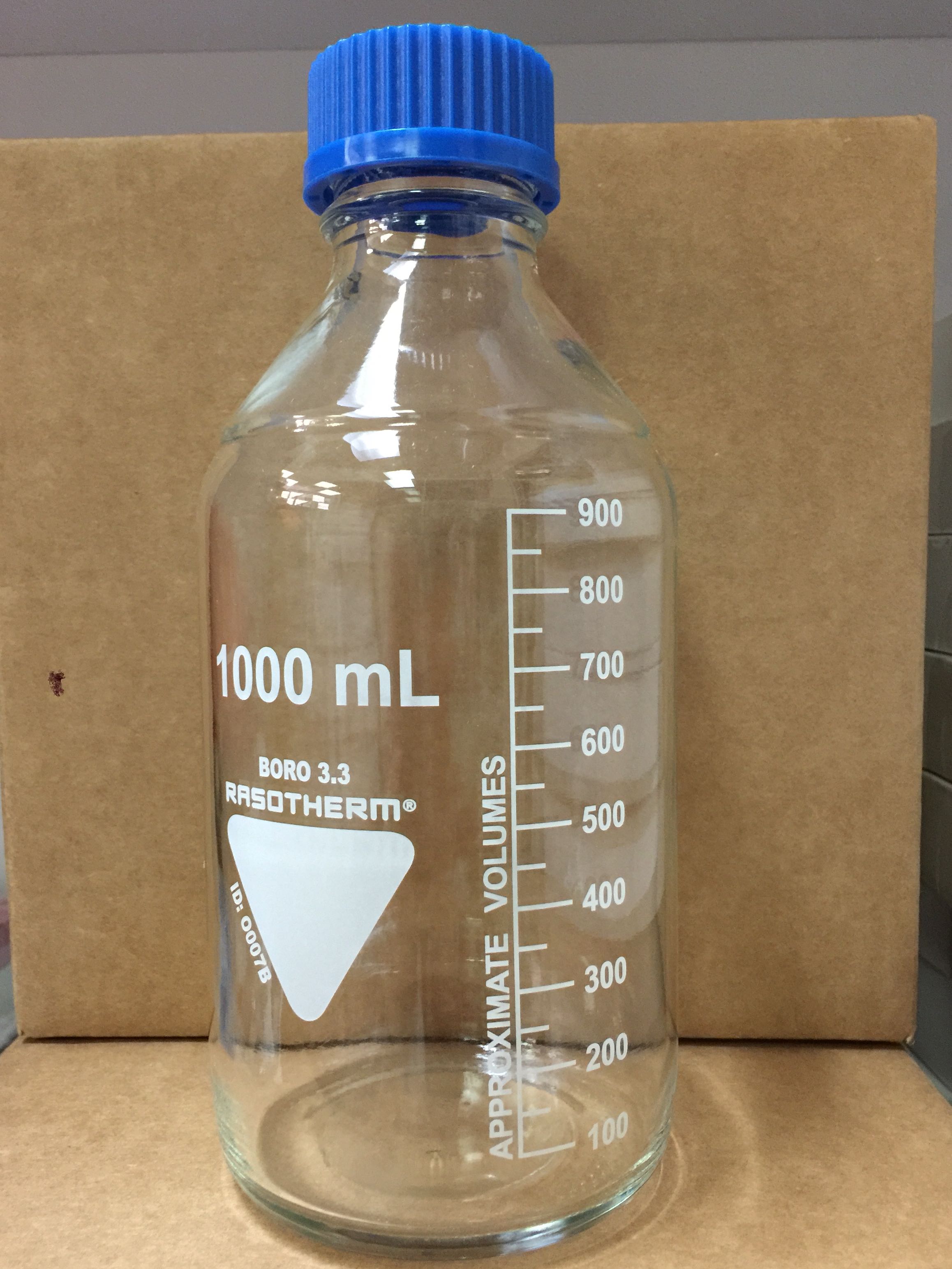 Glass laboratory bottle 1L, c/w blue screw cap and pouring ring, Design ...