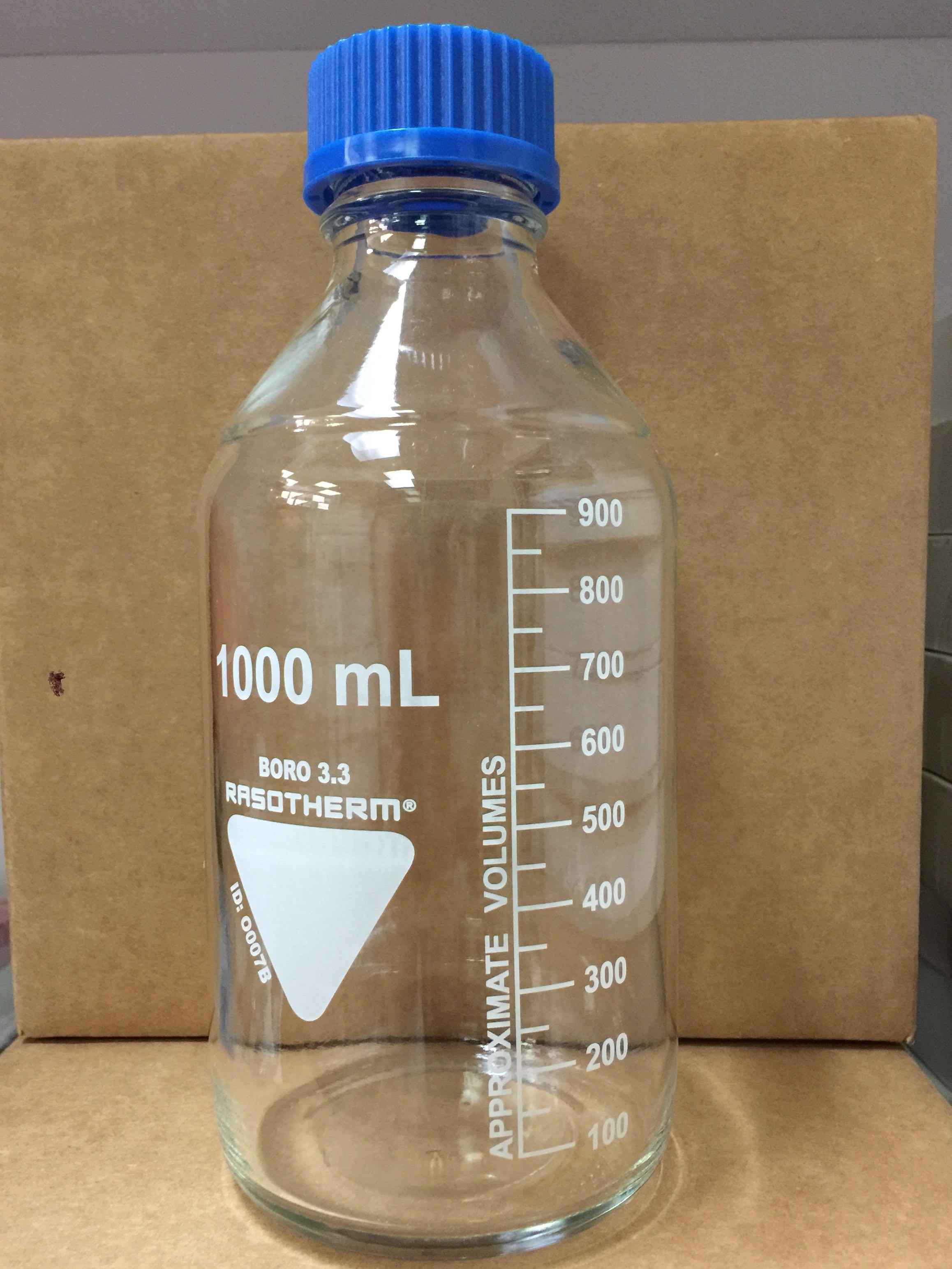 Glass laboratory bottle 1L, c/w blue screw cap and pouring ring, Design ...