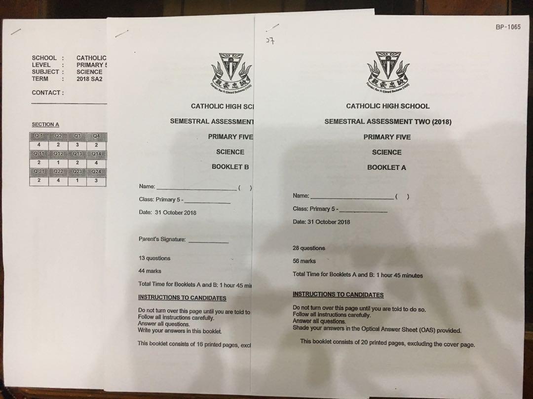School Exam Papers - Catholic High School Science SA2 2018, Hobbies ...