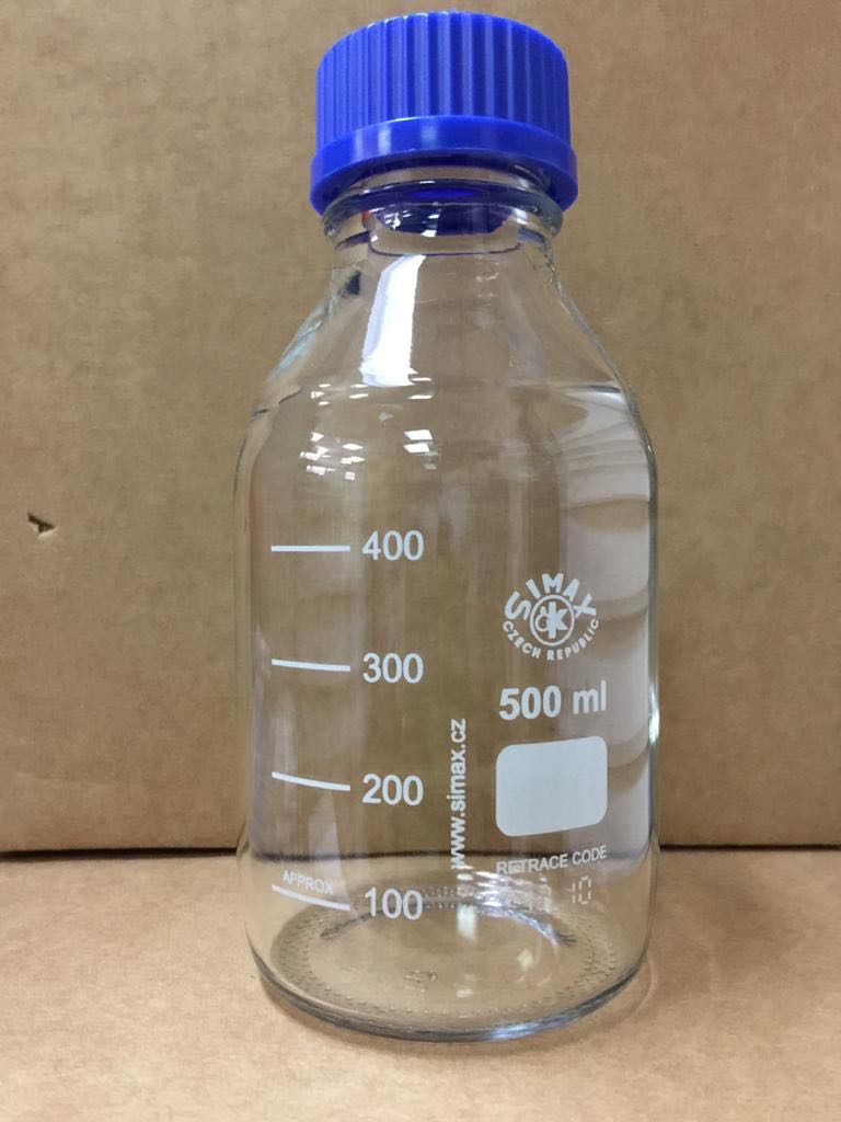 Glass laboratory bottle 500ml, c/w blue screw cap and pouring ring ...