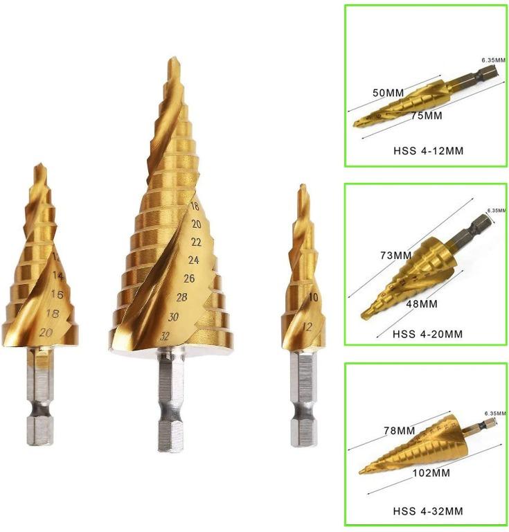 Step Drill Bit Set 3 PCS |Quick Change HSS Titanium Coated Spiral ...