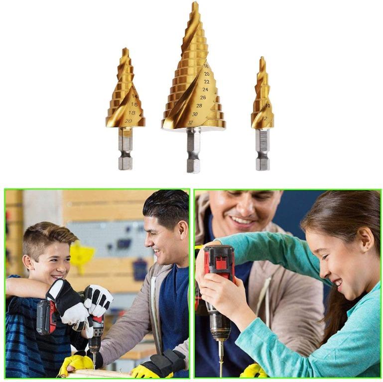 Step Drill Bit Set 3 PCS |Quick Change HSS Titanium Coated Spiral ...