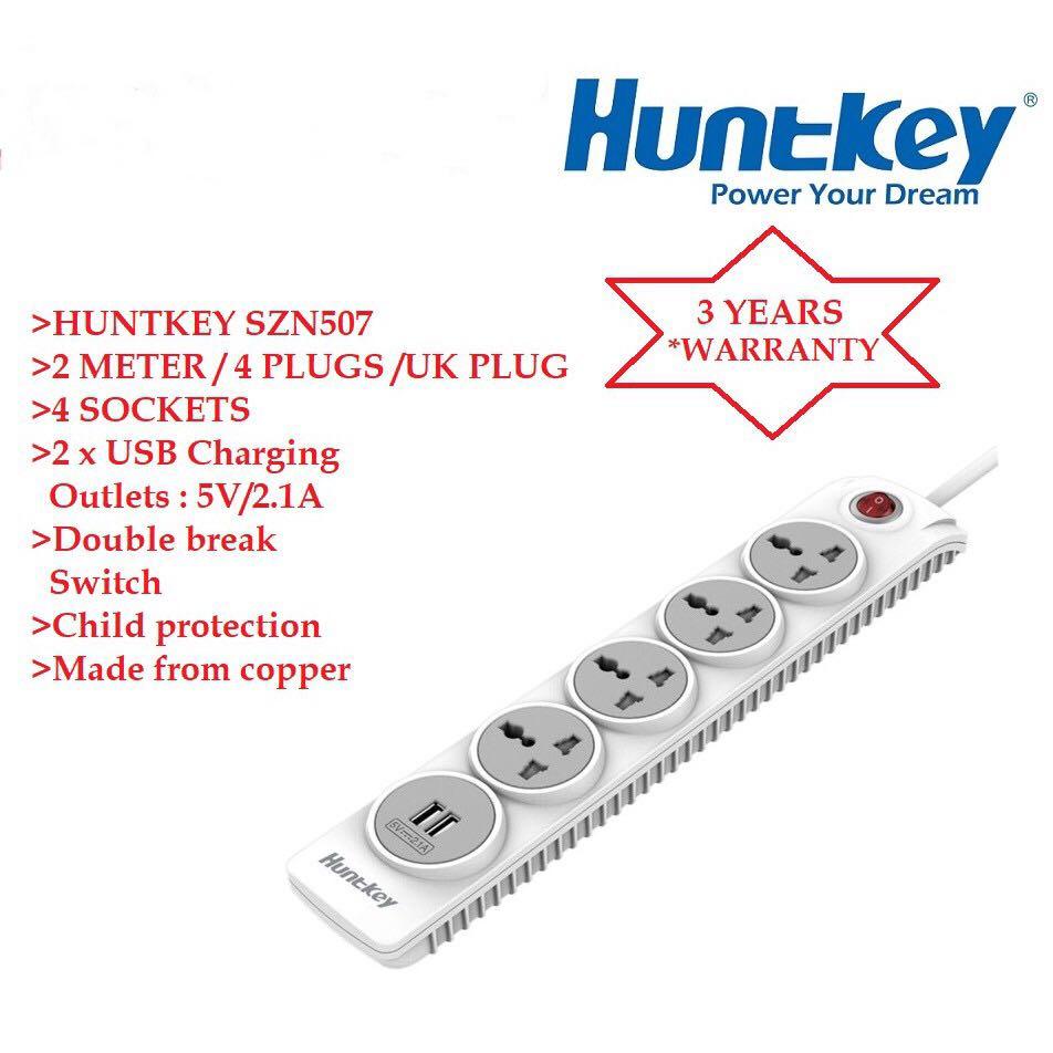 EXTENSION SOCKET HUNTKEY SURGE PROTECTOR 4-PLUGS WITH USB 2-PORTS 3M (SZN507), TV & Home ...