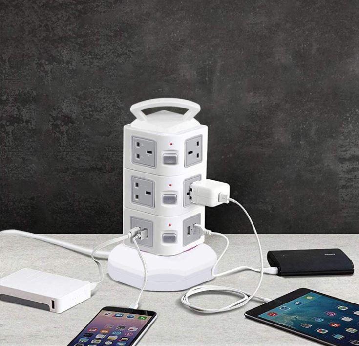 New 3 Meter Portable Vertical Tower Power Strip with USB (4 pcs 5V 3.1A ...