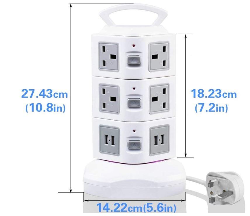 New 3 Meter Portable Vertical Tower Power Strip with USB (4 pcs 5V 3.1A ...