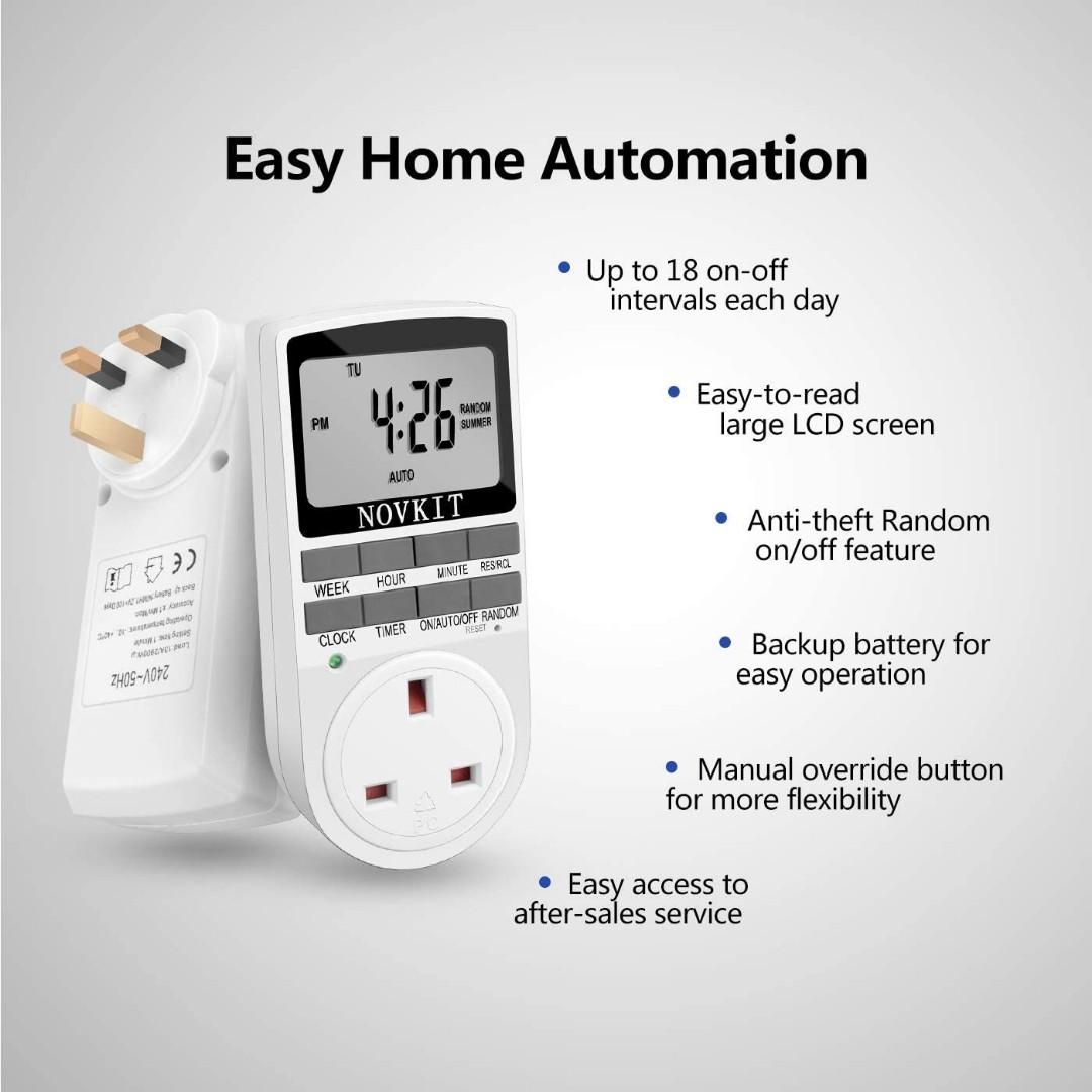 NOVKIT Digital Security Timer Plug Socket Programmable Switch Timer with 10 ON/Off Programs and ...