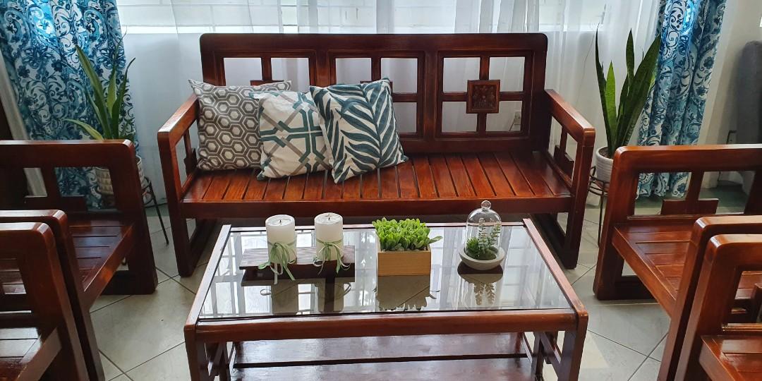 Solid Wooden sofa set sala with single arm chairs center accent table ...