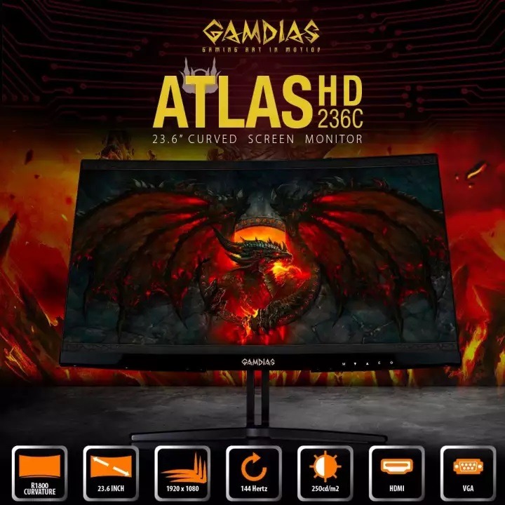 Gamdias Atlas HD236C 24" Curved 144hz Gaming Monitor, Computers & Tech ...