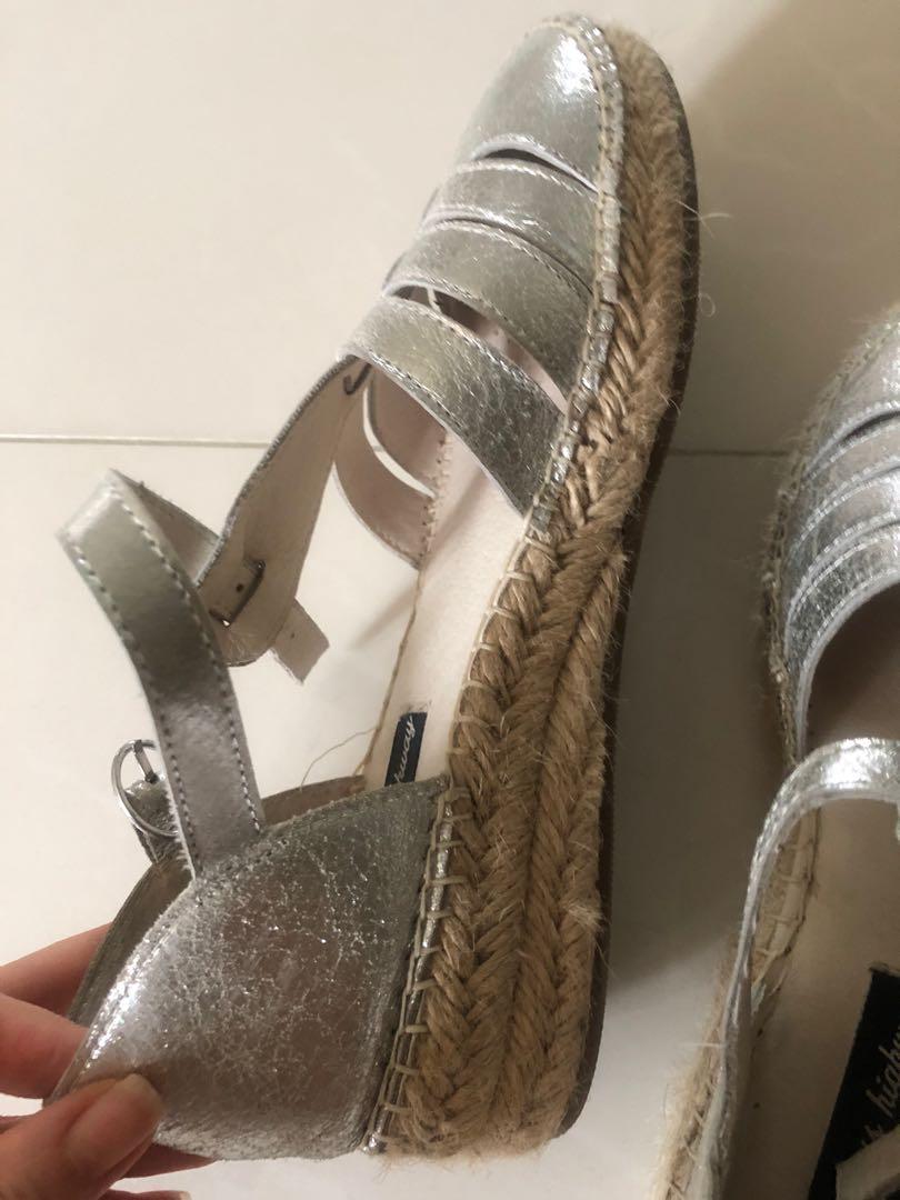 Metallic silver espadrille wedge sandals, Women's Fashion, Footwear ...