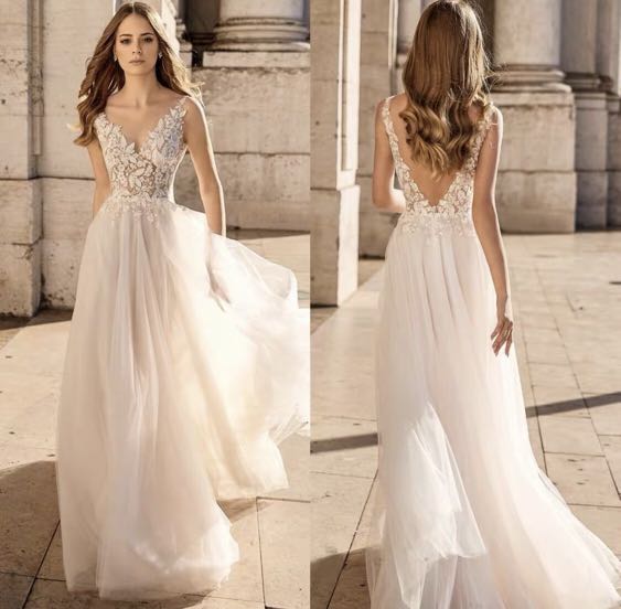 Elegant deep V front back wedding dress, Women's Fashion, Dresses ...