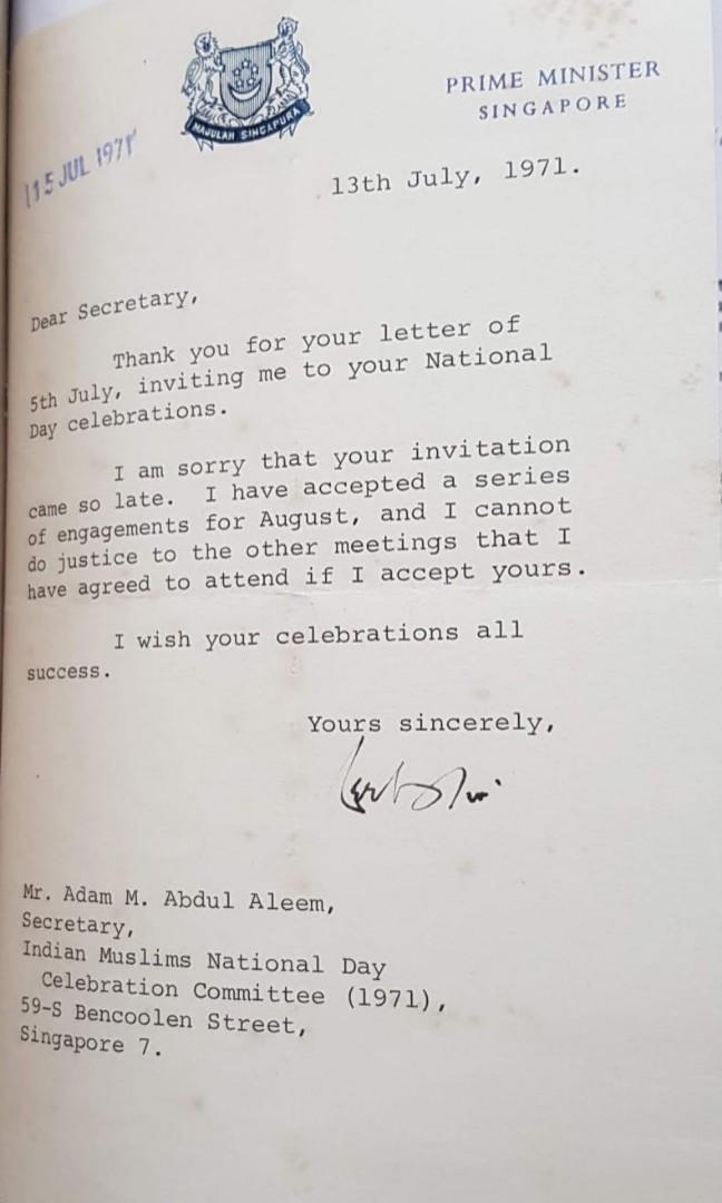 Letter From Prime Minister office - Lee Kuan Yew signature, Hobbies ...