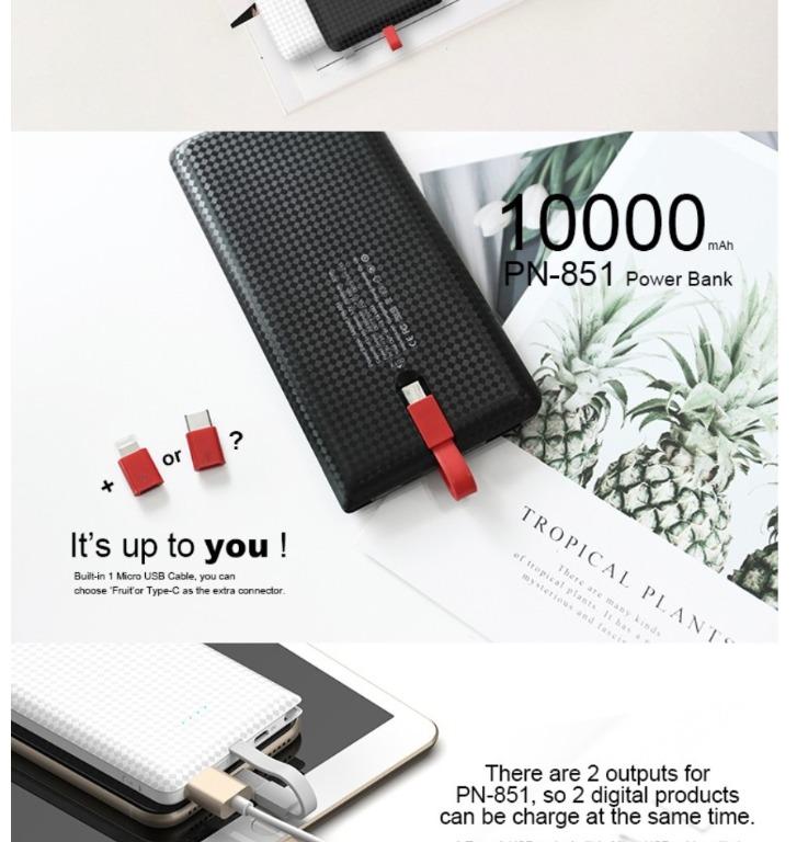 Pineng PN 851 10000mAh Dual USB Built-in Micro+Type C Cable, Mobile ...