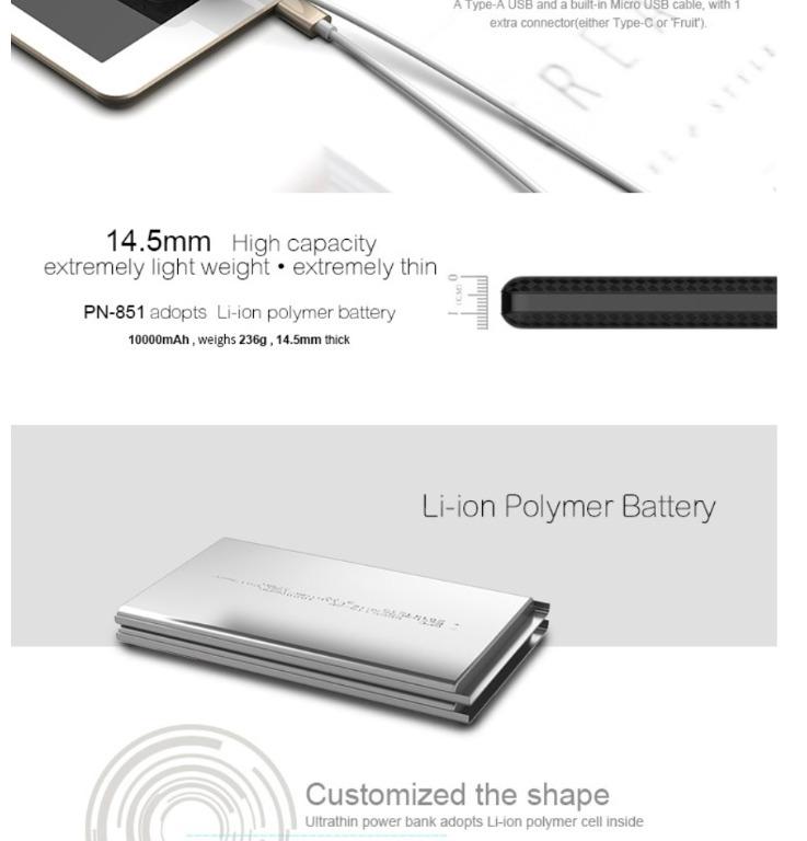 Pineng PN 851 10000mAh Dual USB Built-in Micro+Type C Cable, Mobile ...