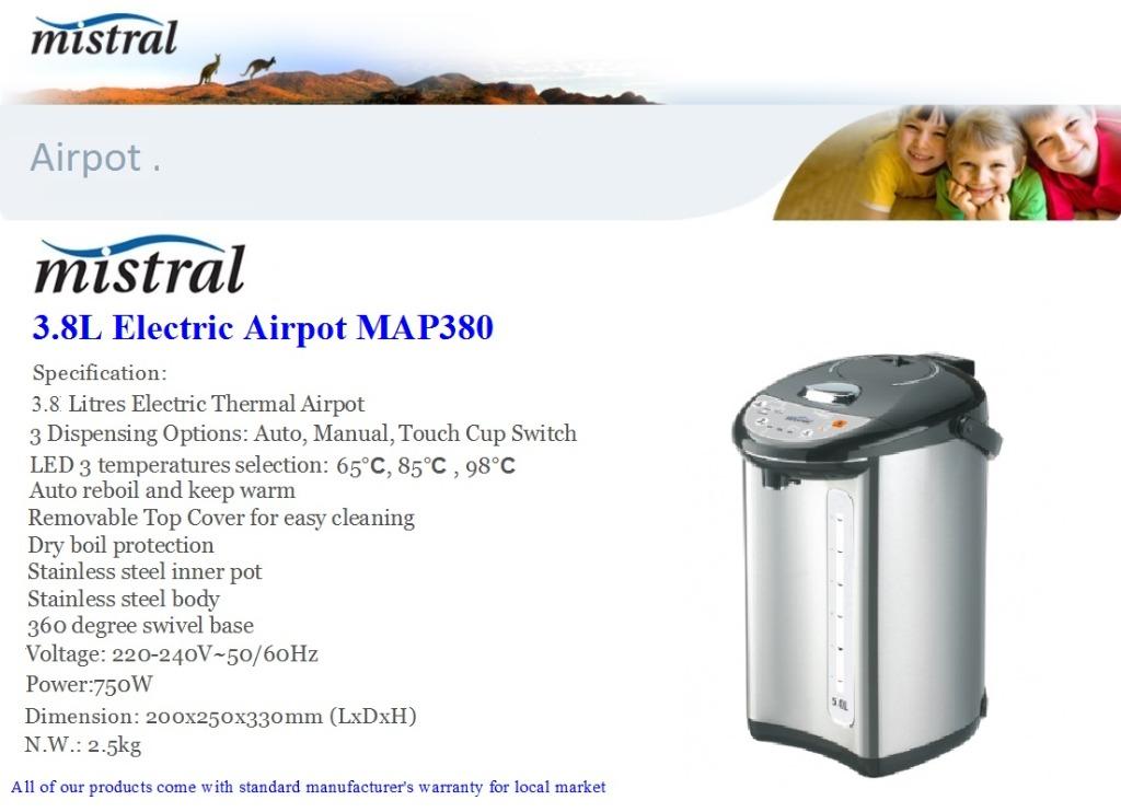 MISTRAL MAP380 3.8 L Electric Thermal Airpot, TV & Home Appliances ...