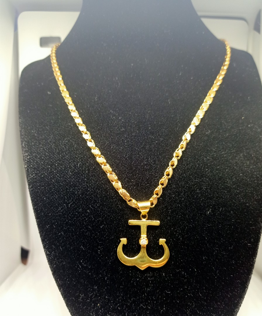 14k damascus necklace with diamond anchor pendant, Women's Fashion ...