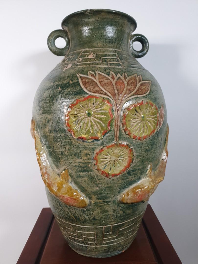 Antique tempayan clay rare embossed koi fish big size, Furniture & Home ...