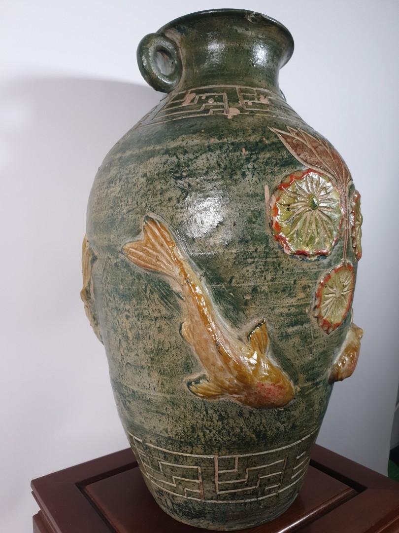 Antique tempayan clay rare embossed koi fish big size, Furniture & Home ...