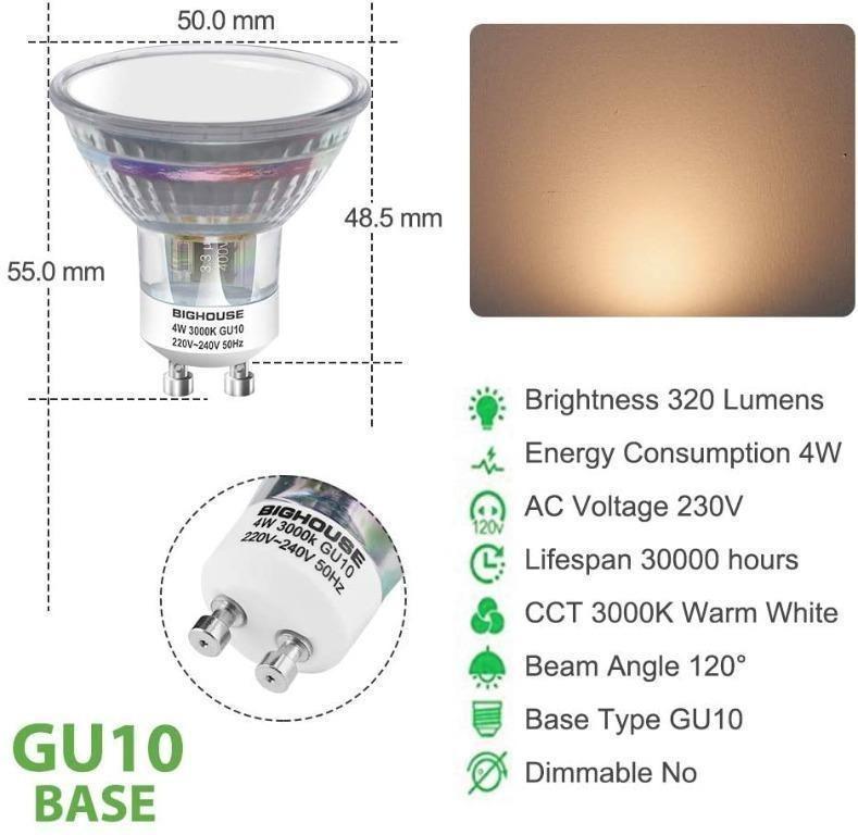 GU10 LED Light Bulbs, 50W Halogen Bulbs Equivalent, 4W, 320lm, 3000K ...