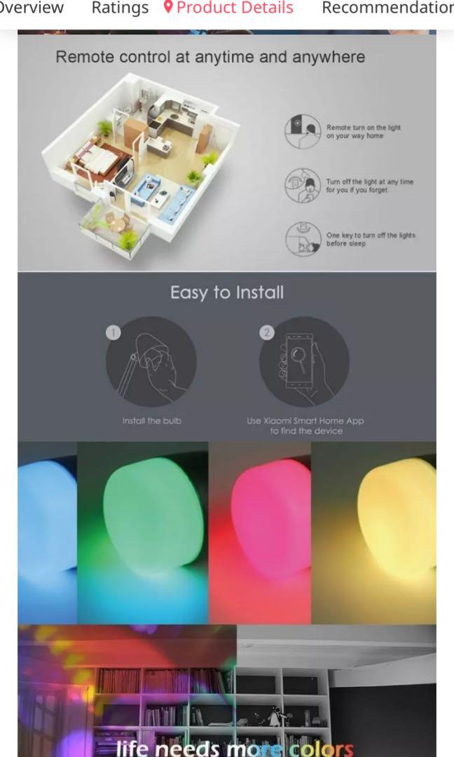 Xiaomi mi yeelight LED smart lightbulb app WiFi lamp bulb E27 multi ...