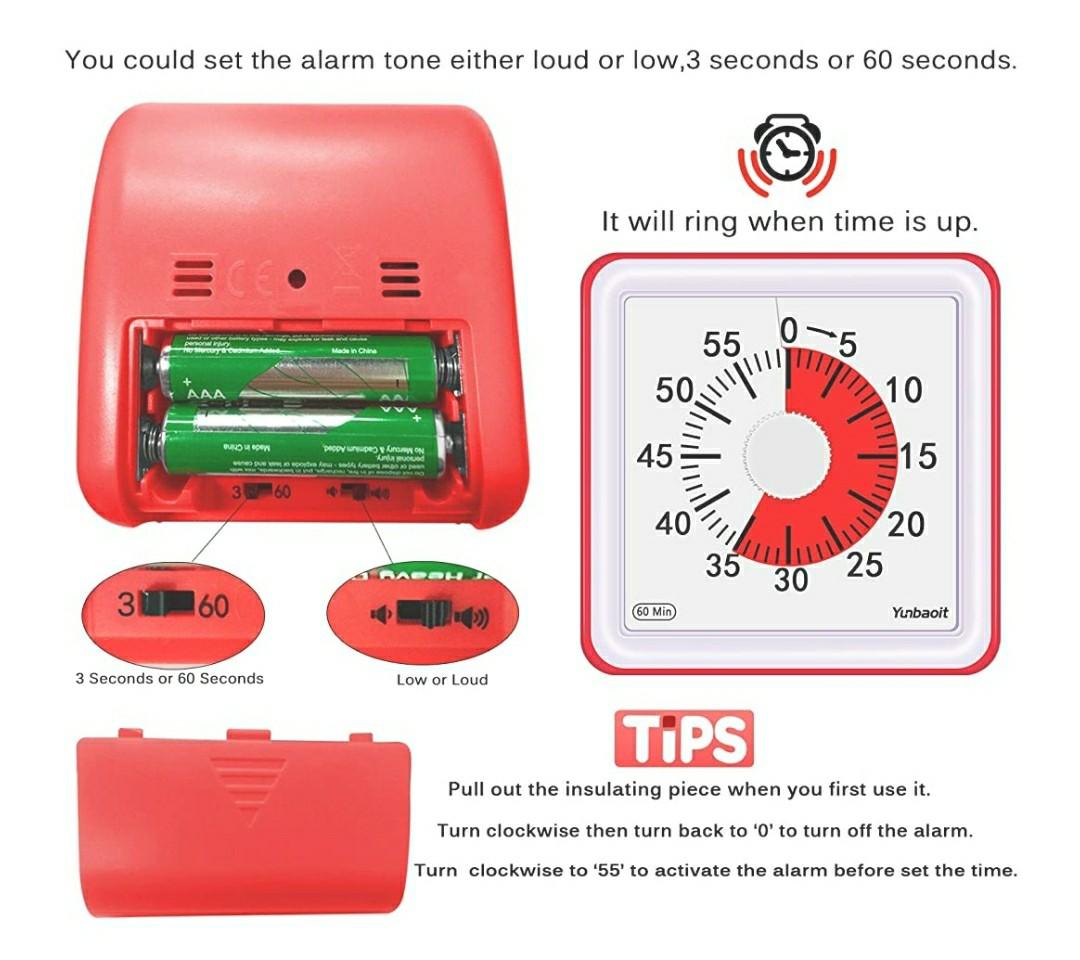 Yunbaoit 60-Minute Visual Analog Timer,Countdown Clock,No Loud Ticking ...