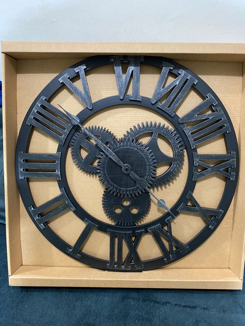 Large Rustic Gear Matte Black Metallic-design Wall Clock, Furniture ...