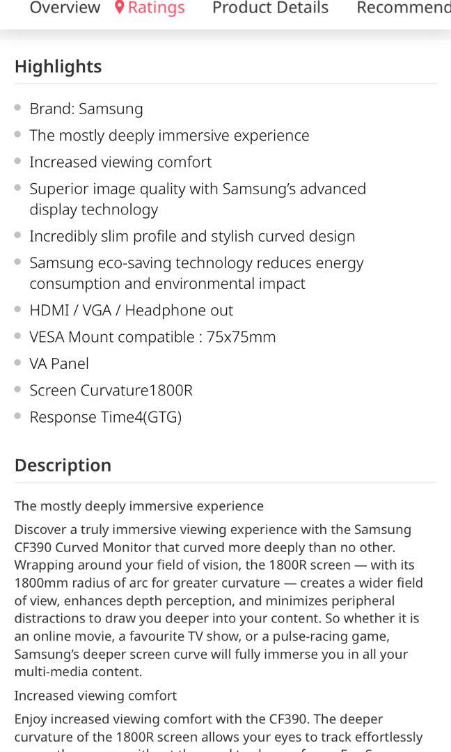 27 Monitor Screen Samsung c27f390 white, Computers & Tech, Parts ...