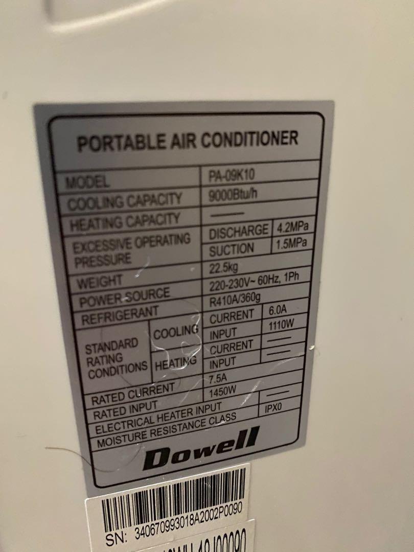 Dowell Portable Aircon 1HP PA-09K10, TV & Home Appliances, Air ...