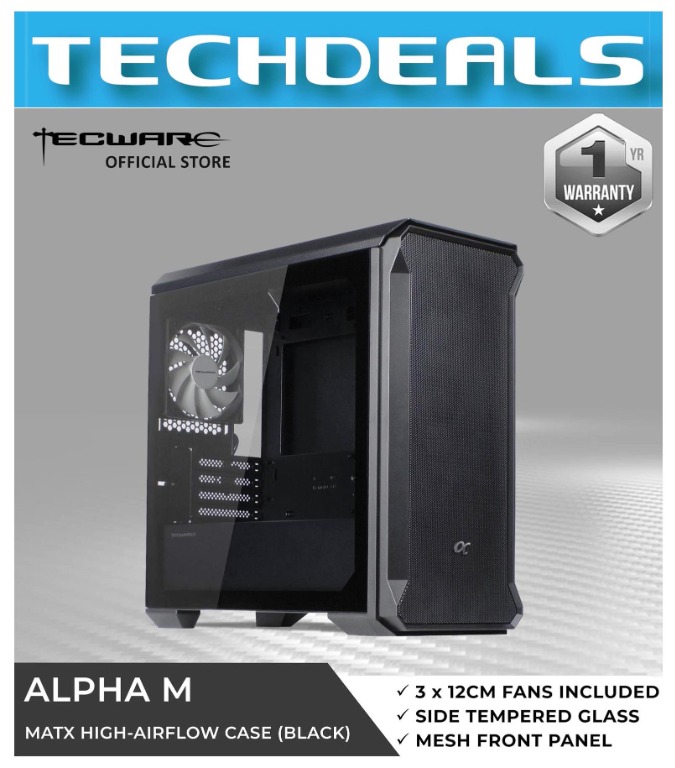 Tecware Alpha M TG mATX Case | 3x120mm Fan | Front Mesh | Side TG ...