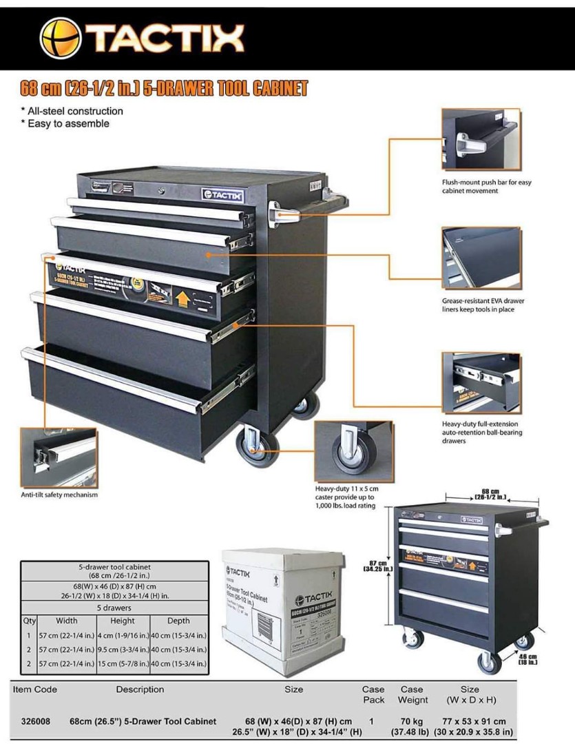 Tactix 5 Drawer Tool Chest Cabinet, Furniture & Home Living, Furniture ...