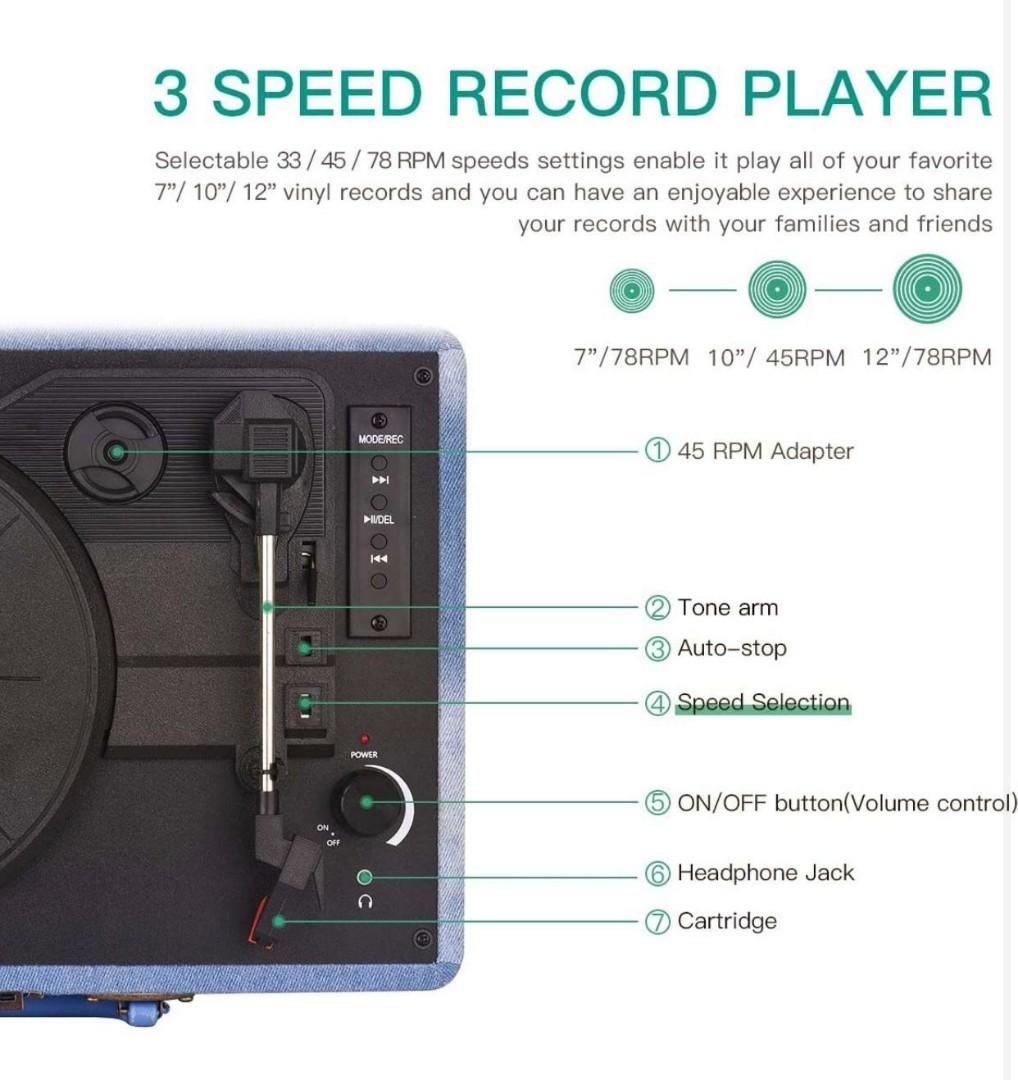 Vinyl Record Player Dodocool Vintage Turntable 3 Speed Built In 2 Stereo Speakers Vinyl To