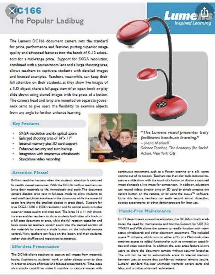 Zoom/ Teaching aid- lumens visualiser , projector DC166, TV & Home ...