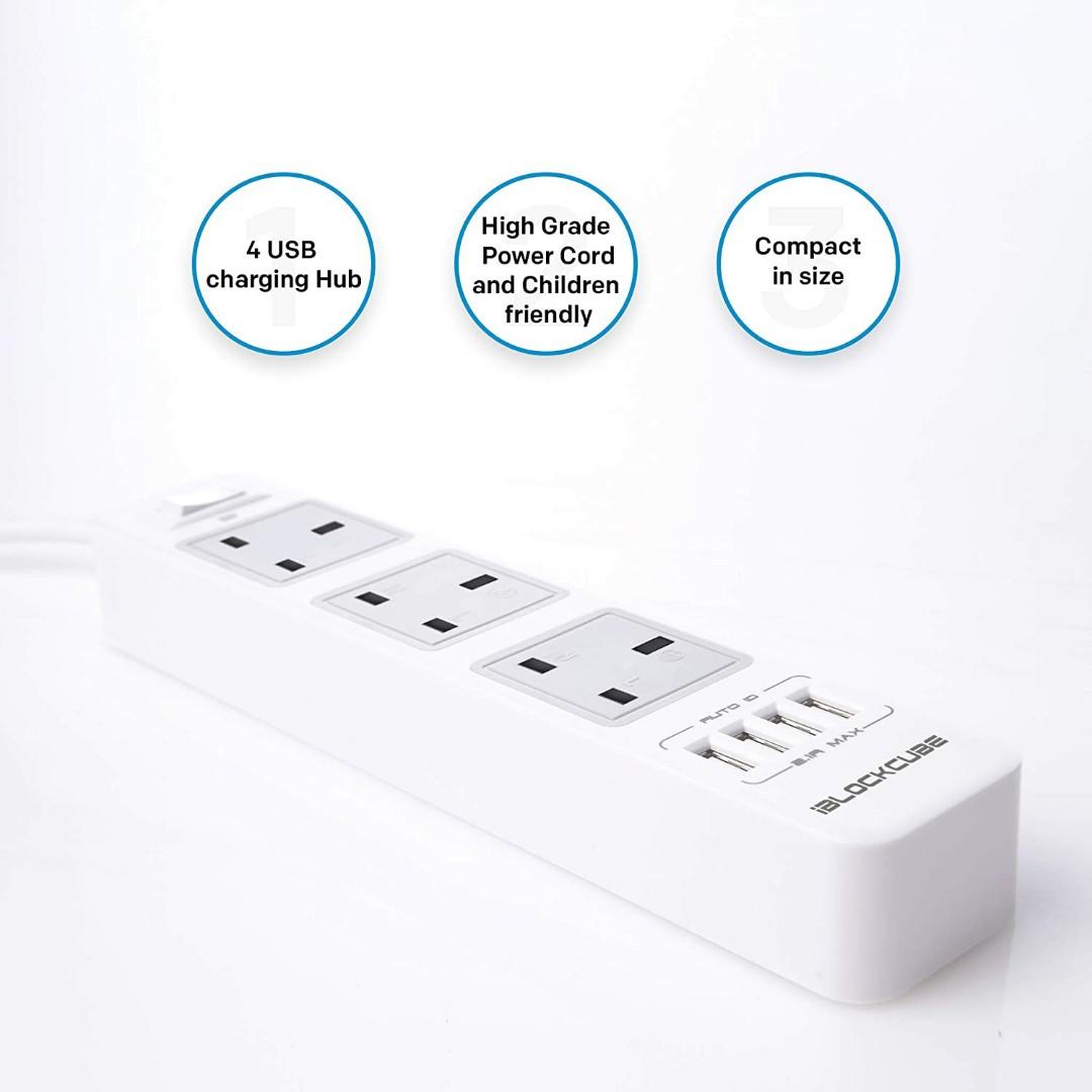 iBlockCube® Extension Lead Power Strips Outlets w/ 4 USB Ports, 3M 3 ...