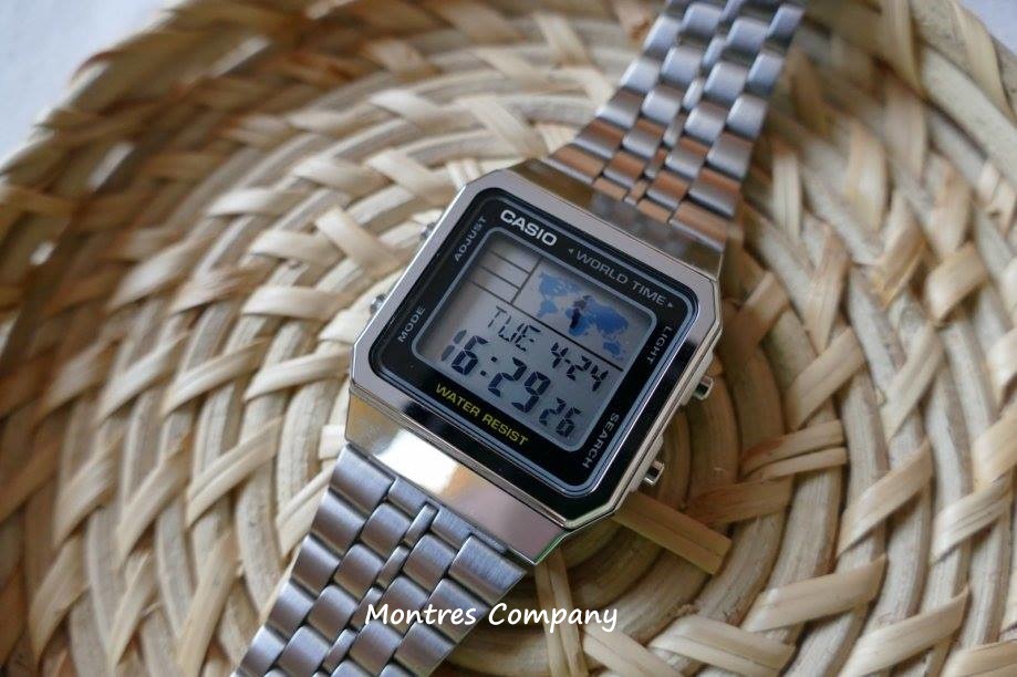 Montres Company香港註冊公司(31年老店) 卡西歐 CASIO 復刻版 世界地圖 不鏽鋼錶帶 黑銀色 細錶徑 A500 ...