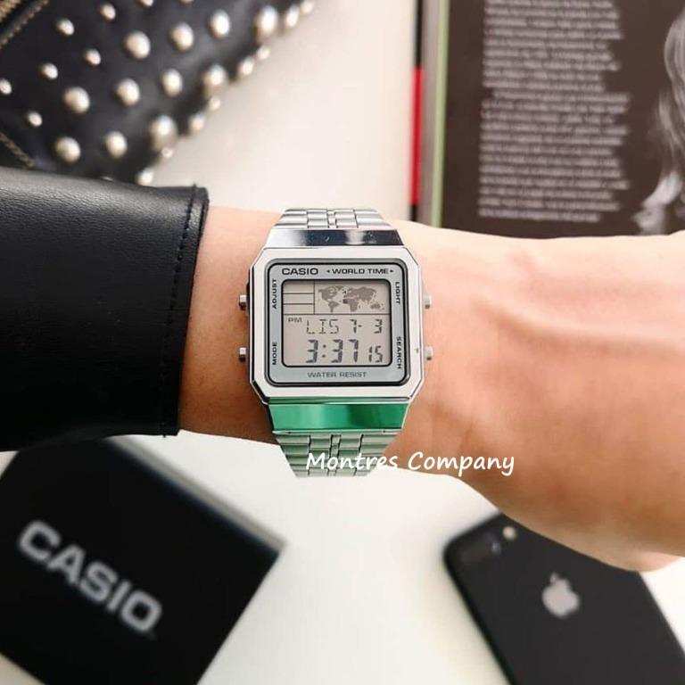 Montres Company香港註冊公司(28年老店) 卡西歐 CASIO 復刻版 世界地圖 不鏽鋼錶帶 灰銀色 細錶徑 A500 ...