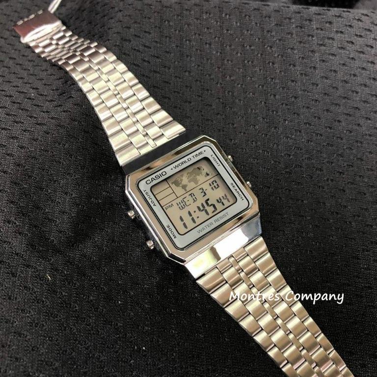 Montres Company香港註冊公司(28年老店) 卡西歐 CASIO 復刻版 世界地圖 不鏽鋼錶帶 灰銀色 細錶徑 A500 ...