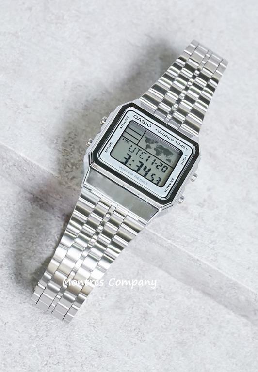 Montres Company香港註冊公司(28年老店) 卡西歐 CASIO 復刻版 世界地圖 不鏽鋼錶帶 灰銀色 細錶徑 A500 ...