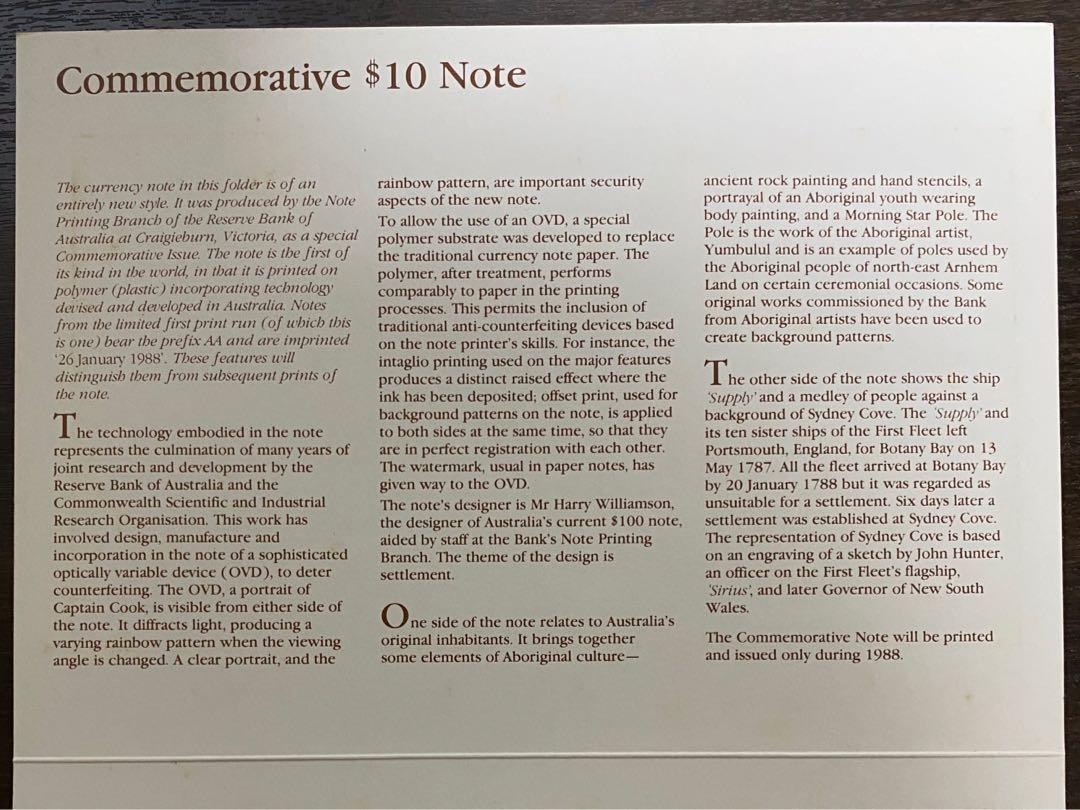 1988 Australia Commemorative $10 Polymer note with folder, Hobbies ...