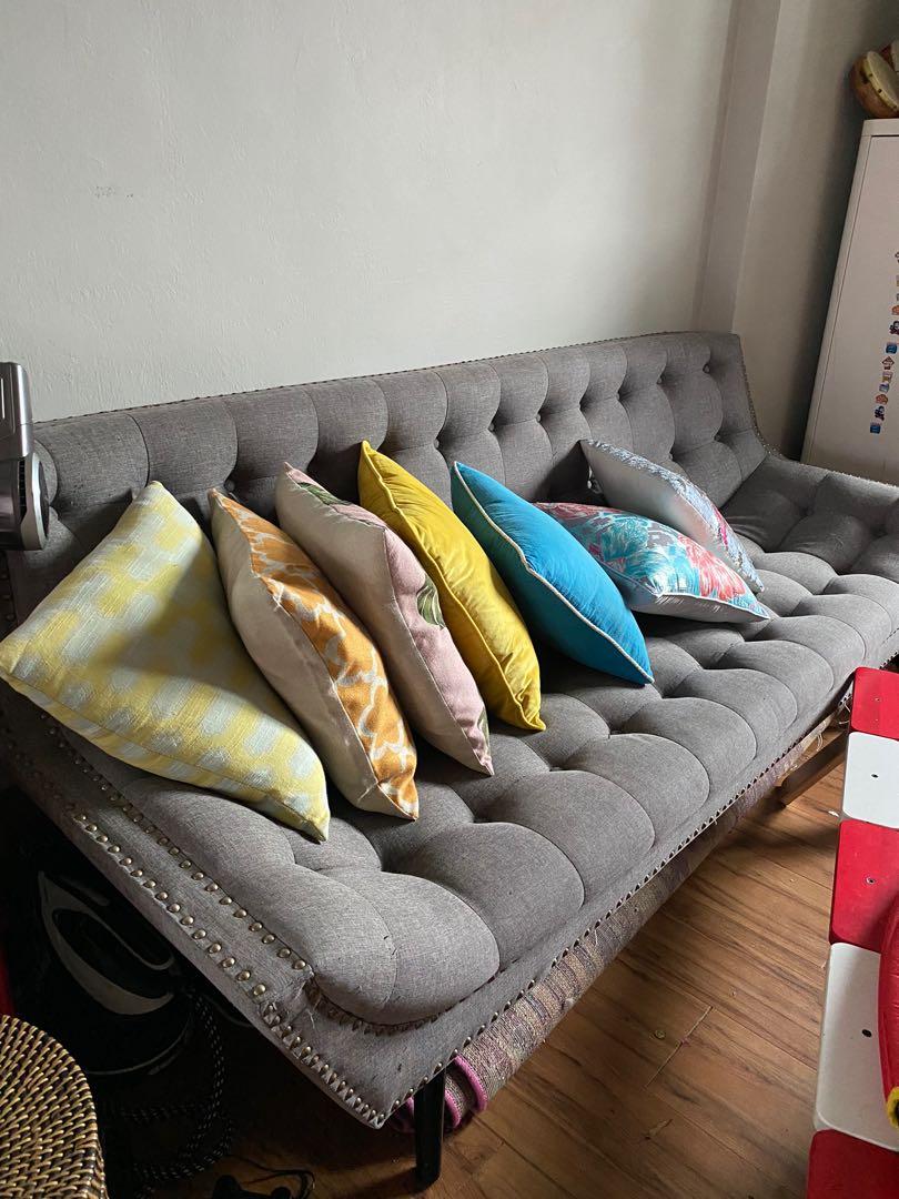 Grey Studded Chesterfield Sofa, Furniture, Sofas on Carousell