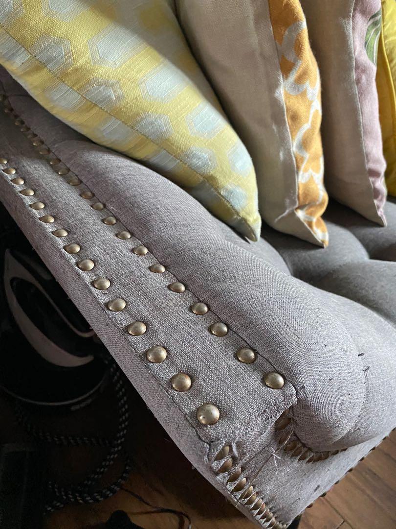 Grey Studded Chesterfield Sofa, Furniture, Sofas on Carousell